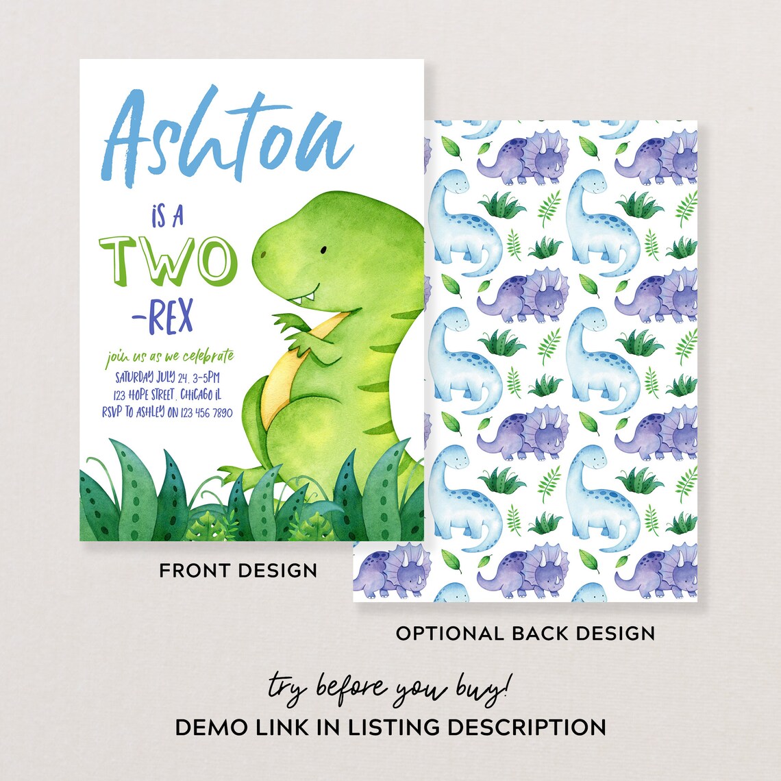 Dinosaur Two Rex 2nd Birthday Invitation Template Printable - Etsy