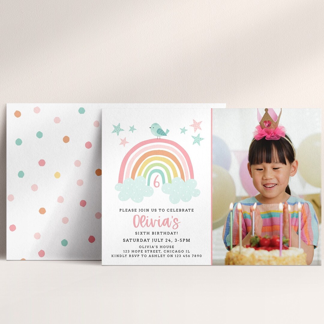 Printable Rainbow Sixth Birthday Photo Invitation Template Printable ...