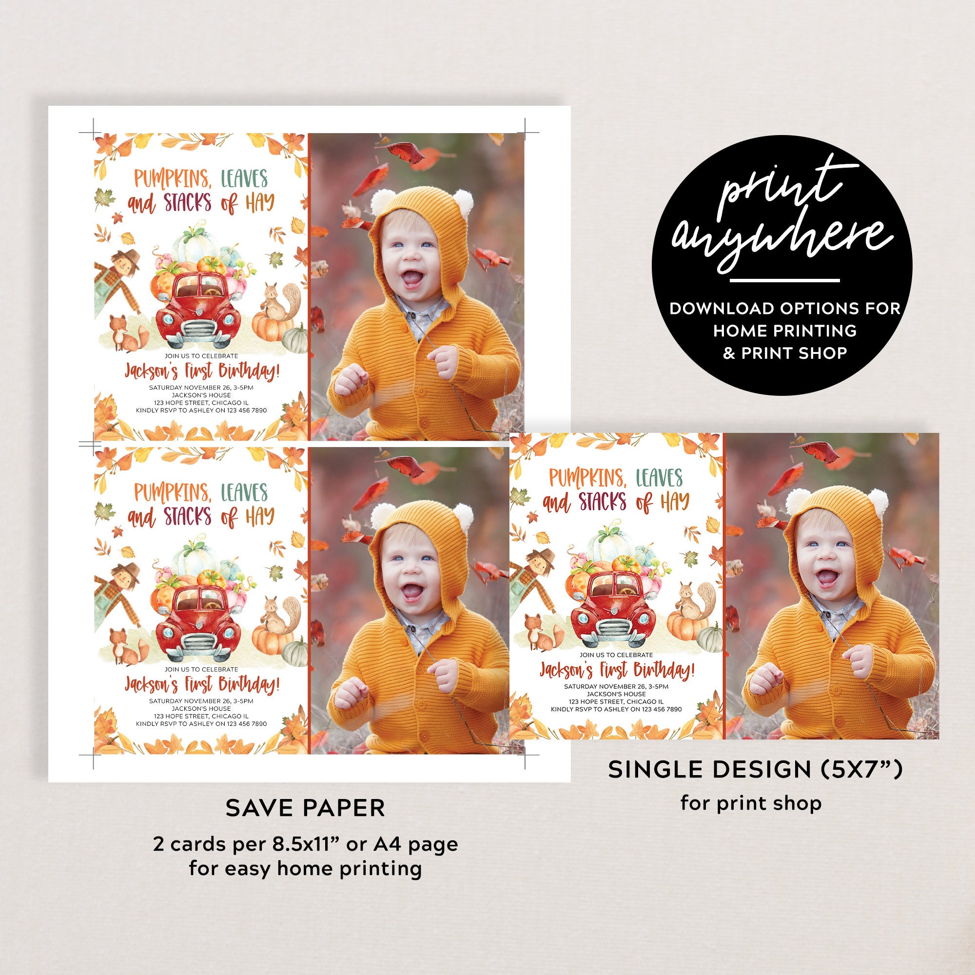 Fall First Birthday Party Photo Invitation Template Pumpkin - Etsy