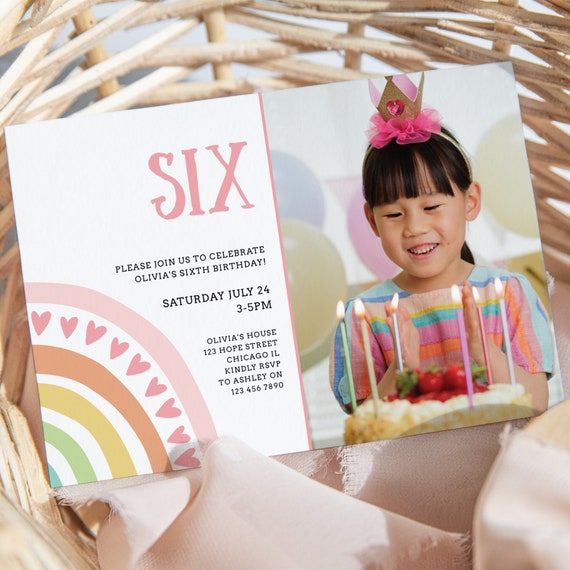 Boho Rainbow Sixth Birthday Photo Invitation Template - Etsy