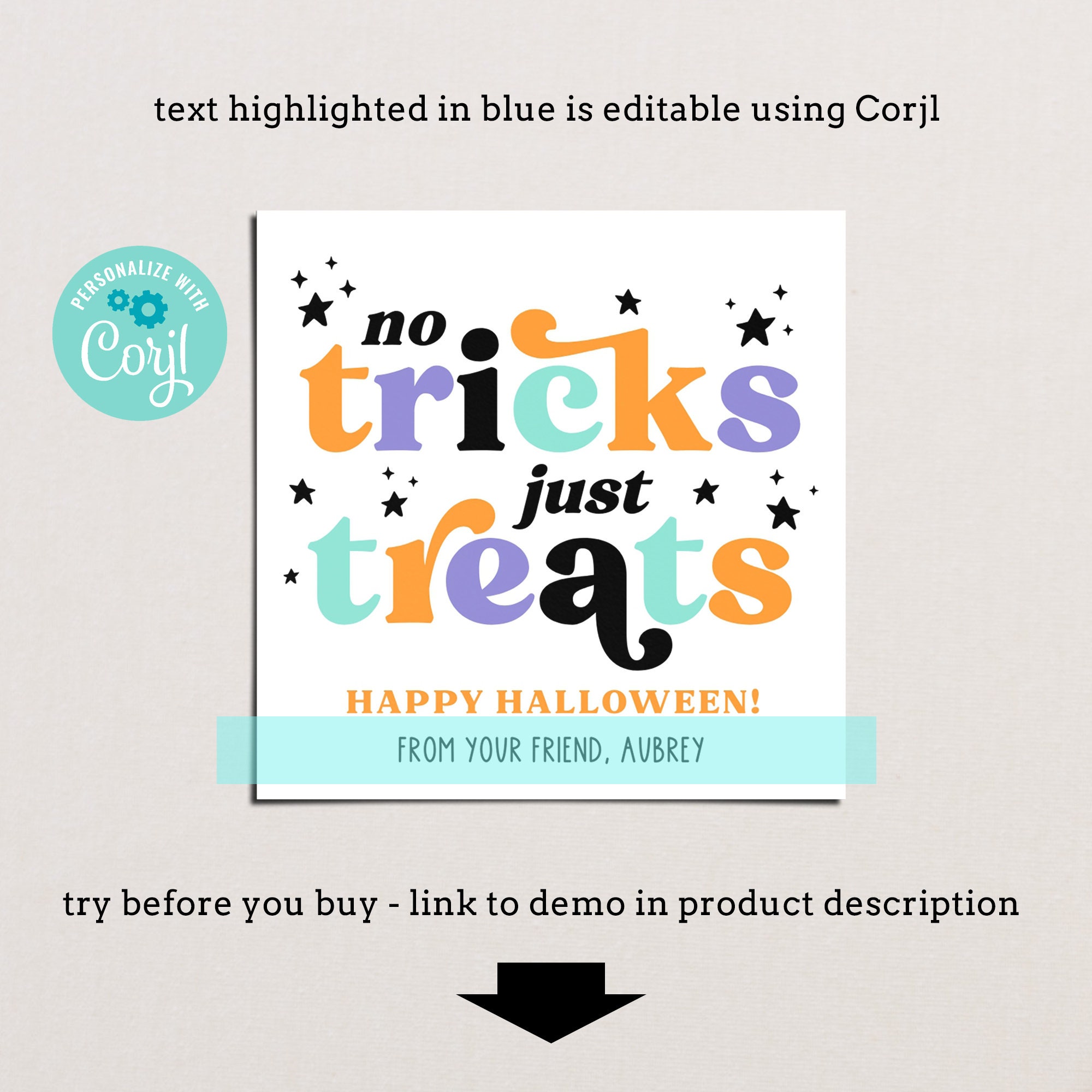 Printable No Tricks Just Treats Tag Happy Halloween Treat Party Bag Tag ...