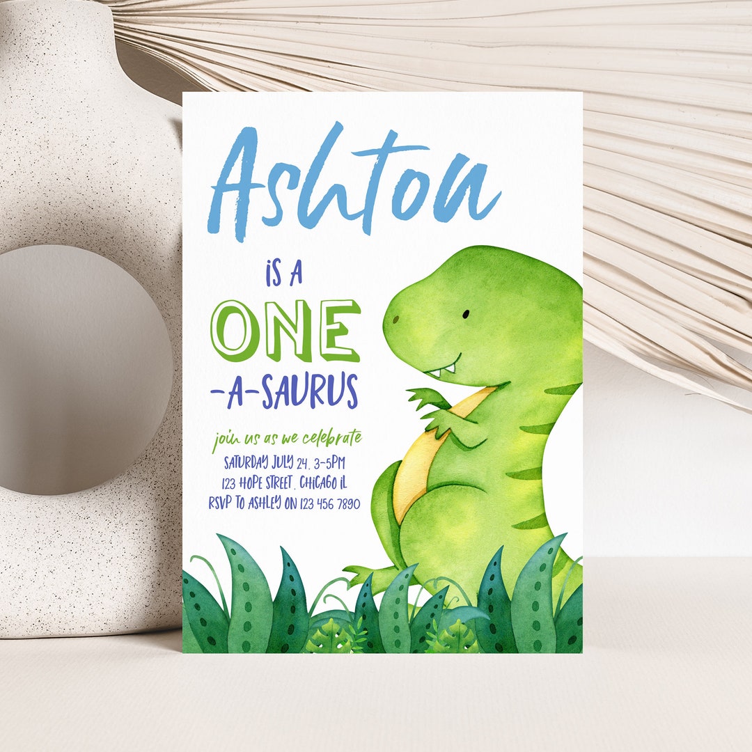 One A Saurus Dinosaur First Birthday Party Invitation Template ...