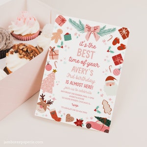 Pink Christmas Birthday Party Invite Printable Girl Winter Holiday ...