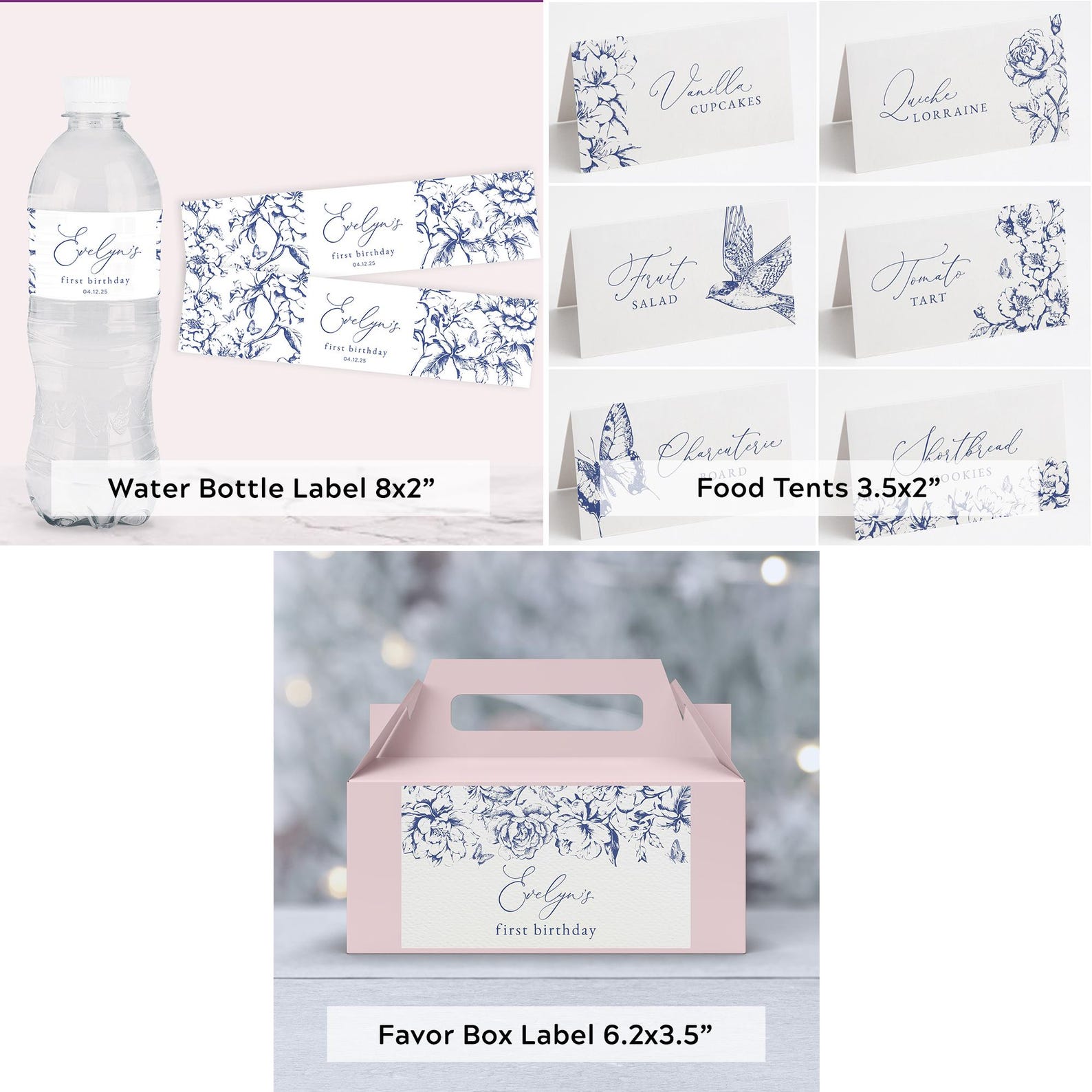 Dusty Blue Toile De Jouy First Birthday Bundle Templates, Editable 1st ...