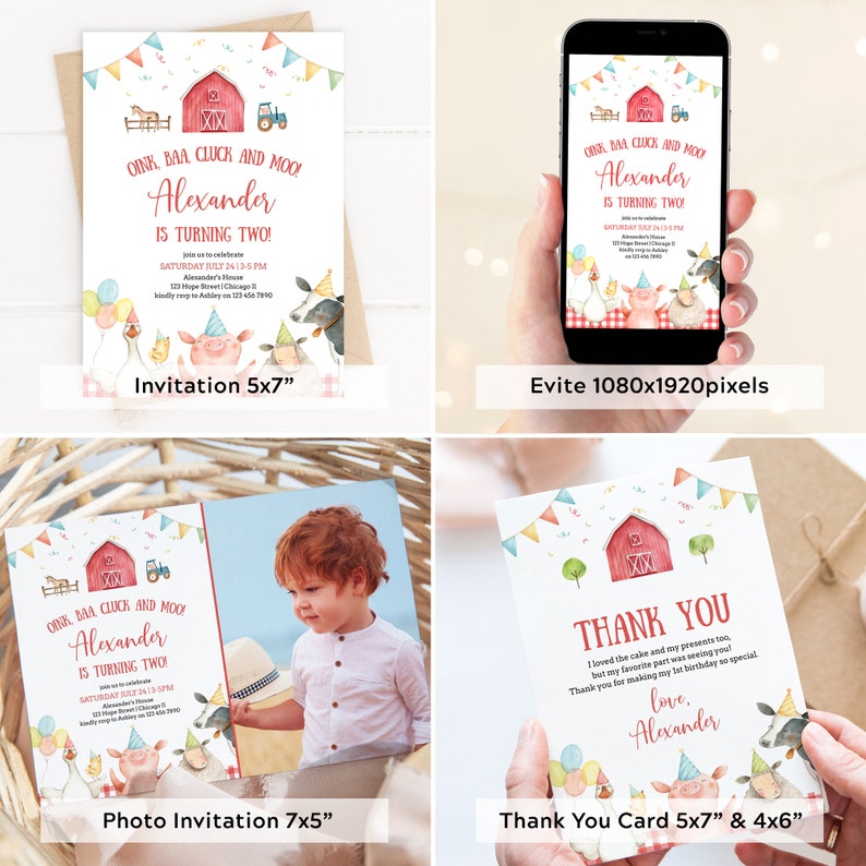 Red Barnyard Birthday Invitation Bundle Farm Animals Oink Baa - Etsy