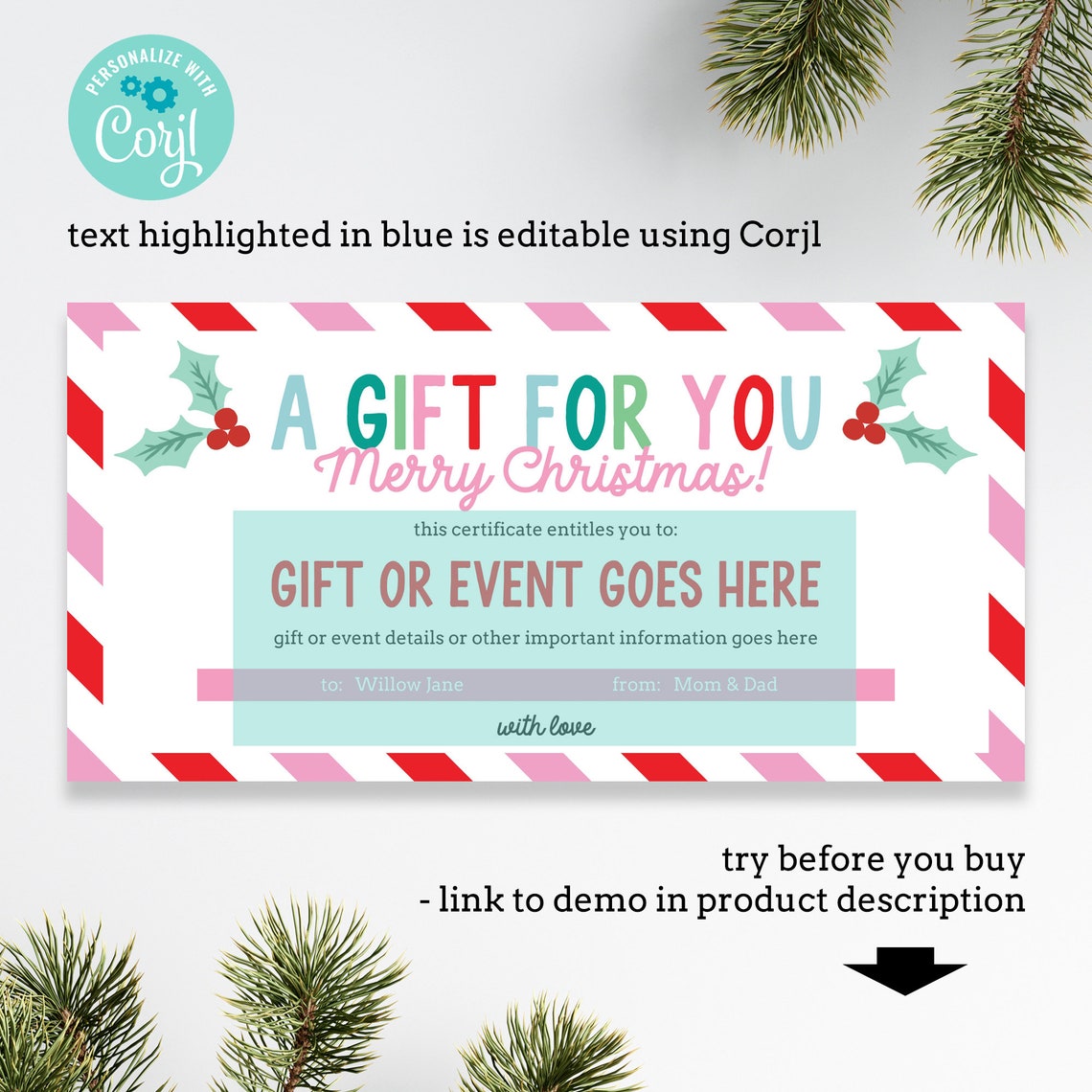 Editable Christmas Gift Certificate Printable A Gift for You ...