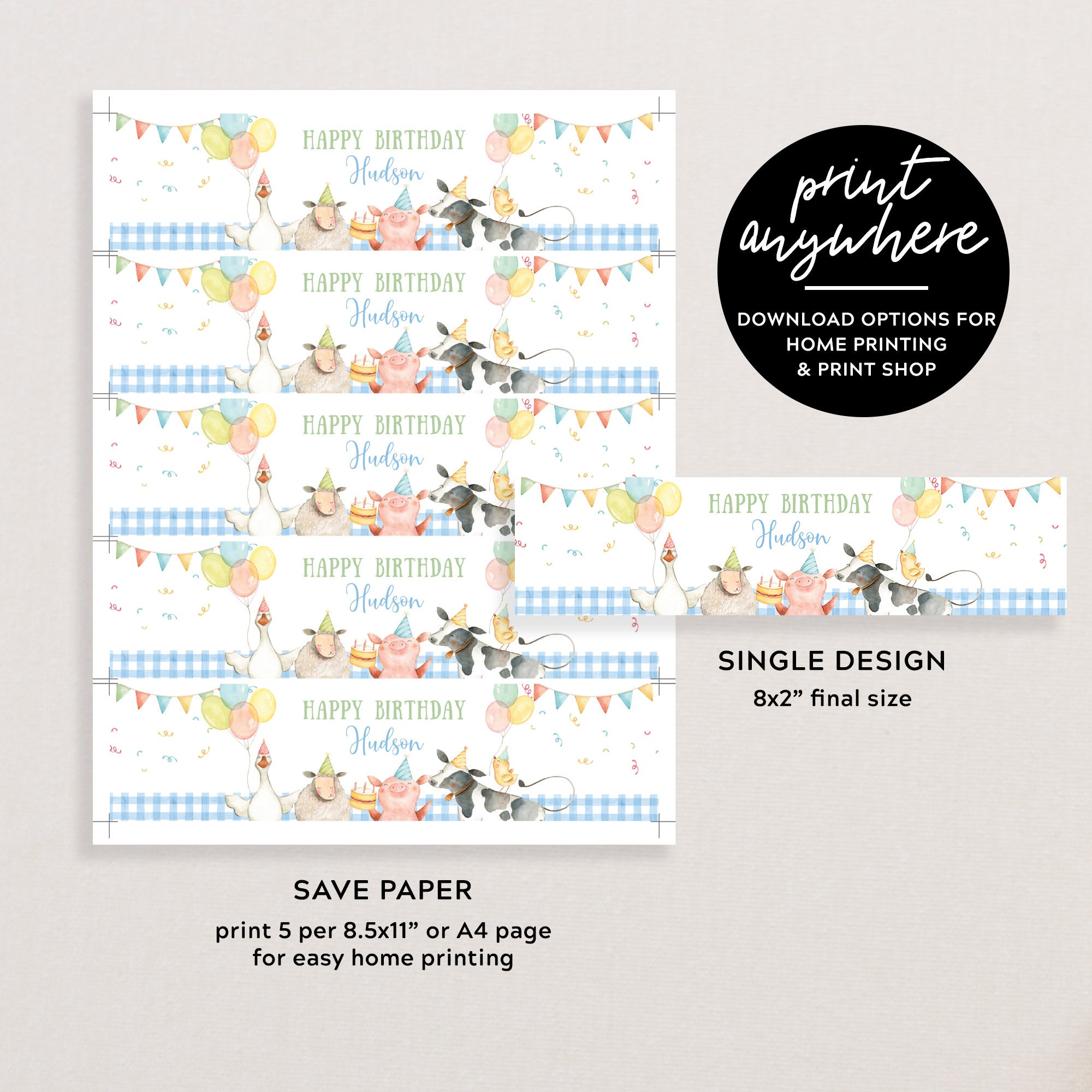 Blue Farm Animals Water Bottle Label Boy Birthday Party Farmyard Water ...