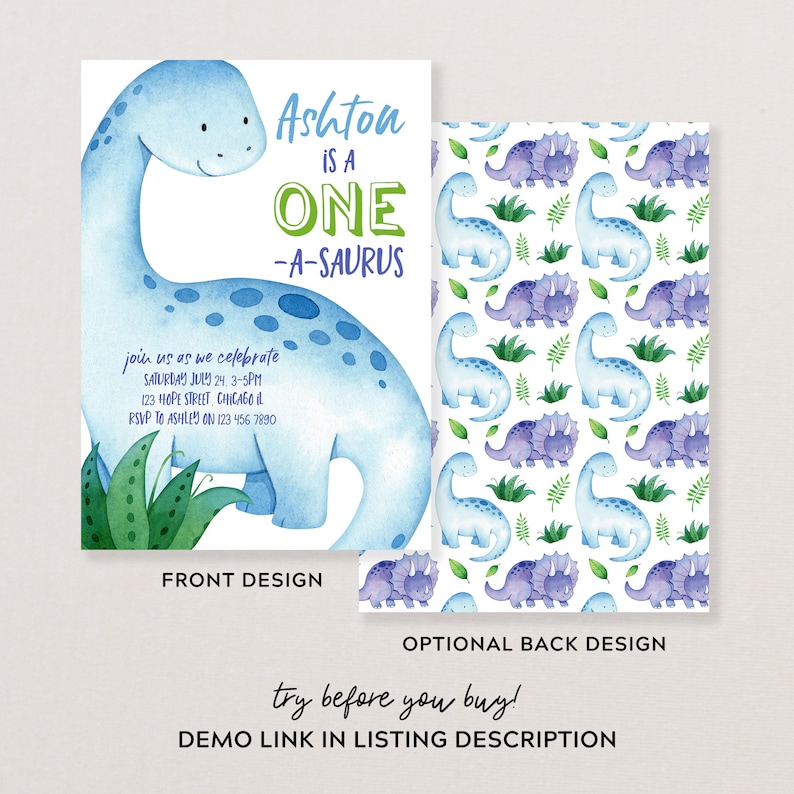 Editable One A Saurus First Birthday Invitation Template Boy Printable ...