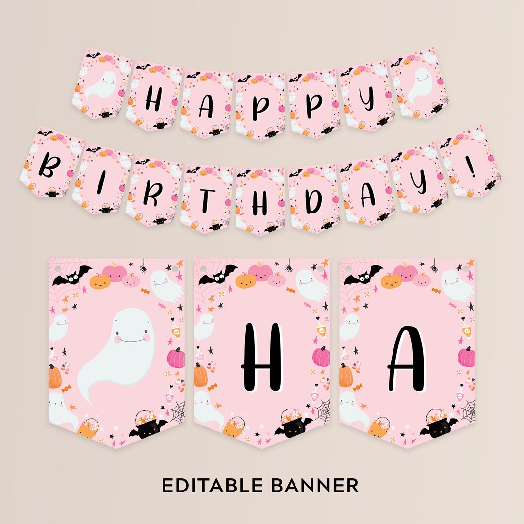 Editable Pink Halloween Happy Birthday Banner Spooktacular Spooky Girl ...