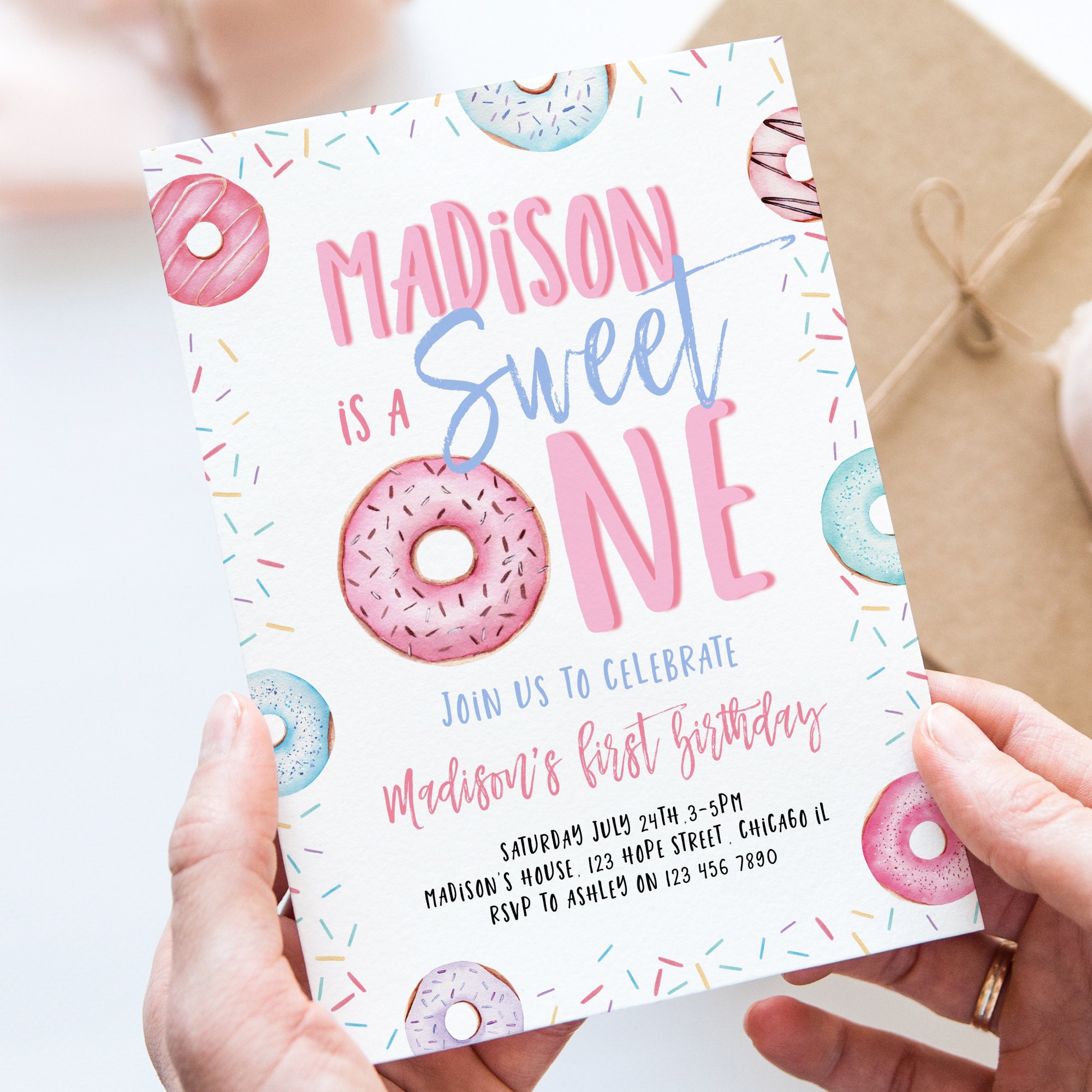 Donut 1st Birthday Party Invitation Template, Printable Sweet One Baby ...