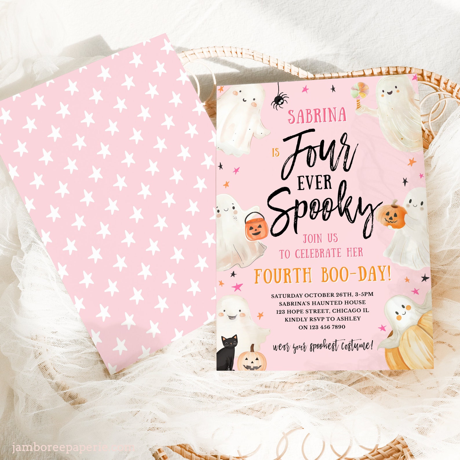 Four Ever Spooky Invite Fourth Birthday Halloween Invite Cute Pink ...