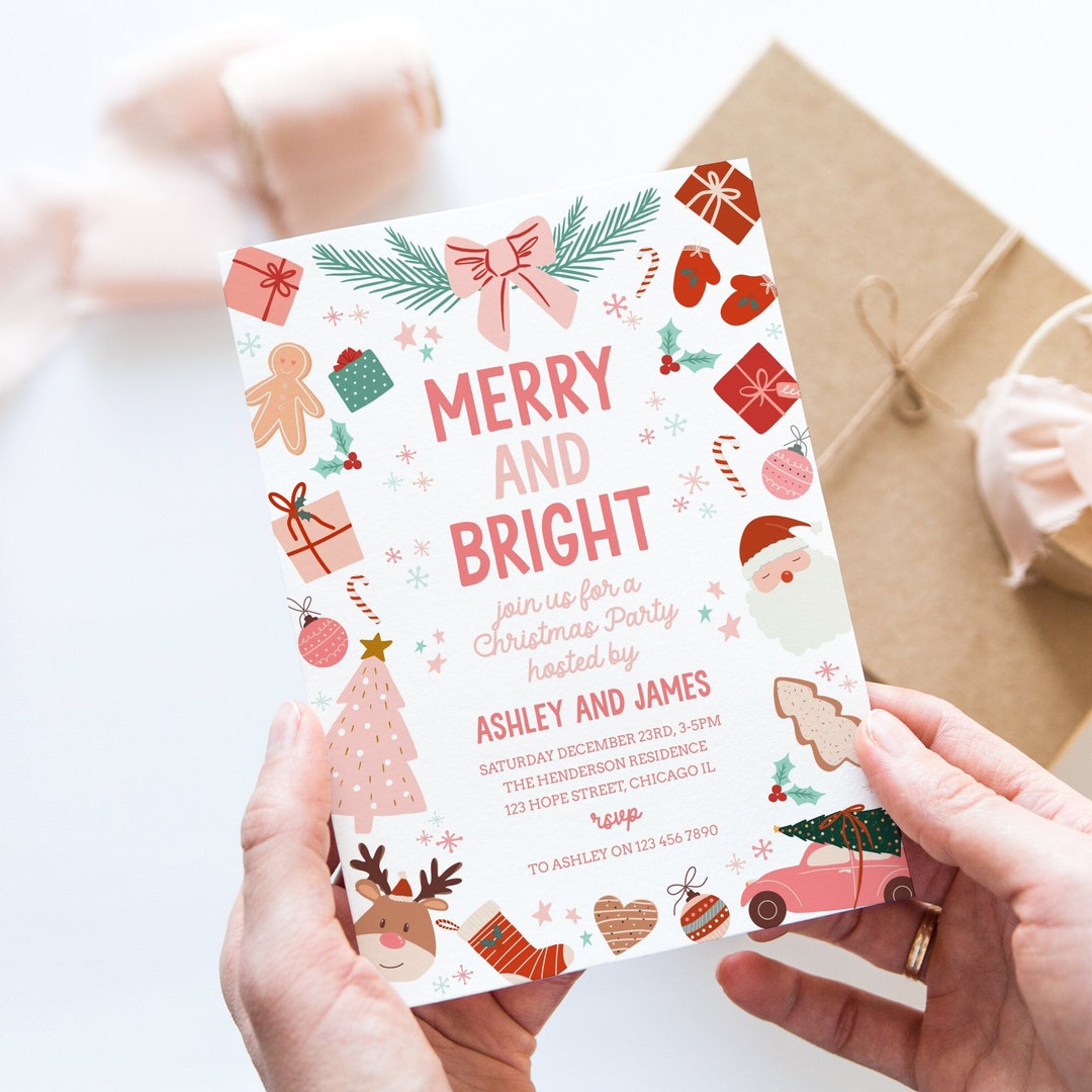 Merry and Bright Christmas Party Invite Pink and Red Family Christmas ...
