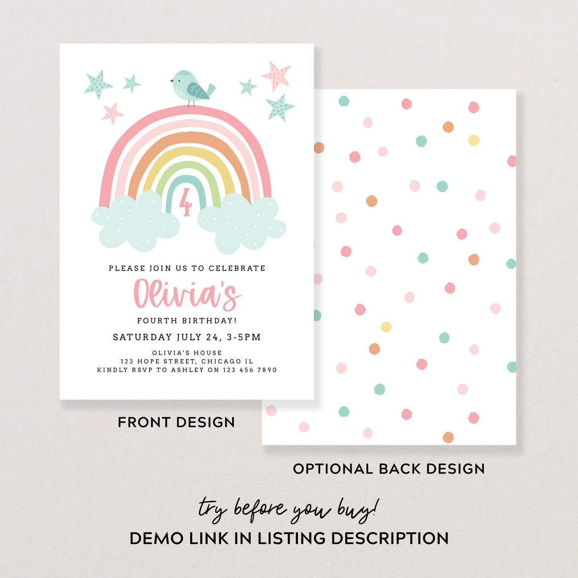 Editable Rainbow Fourth Birthday Invitation Template Printable - Etsy