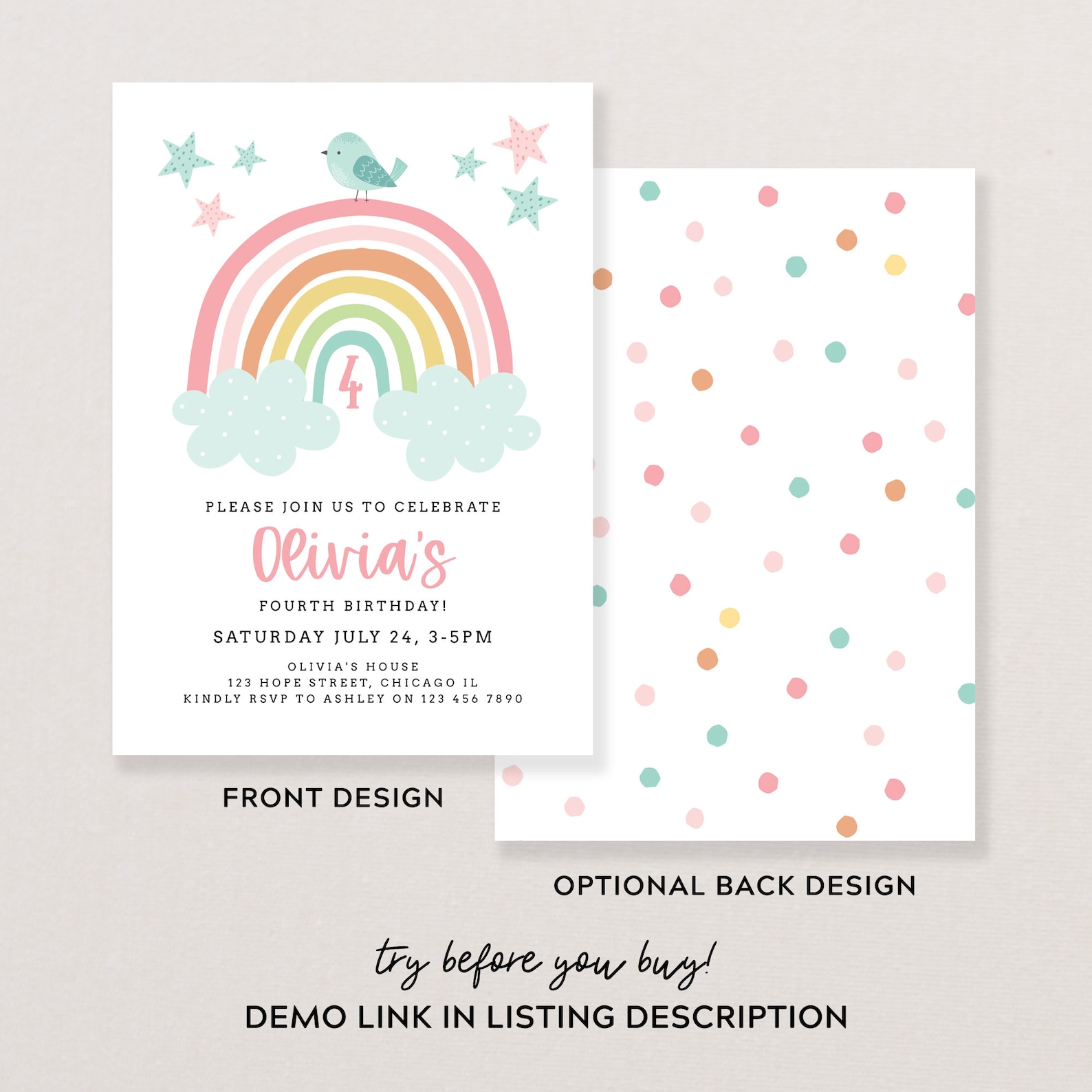 Editable Rainbow Fourth Birthday Invitation Template Printable - Etsy