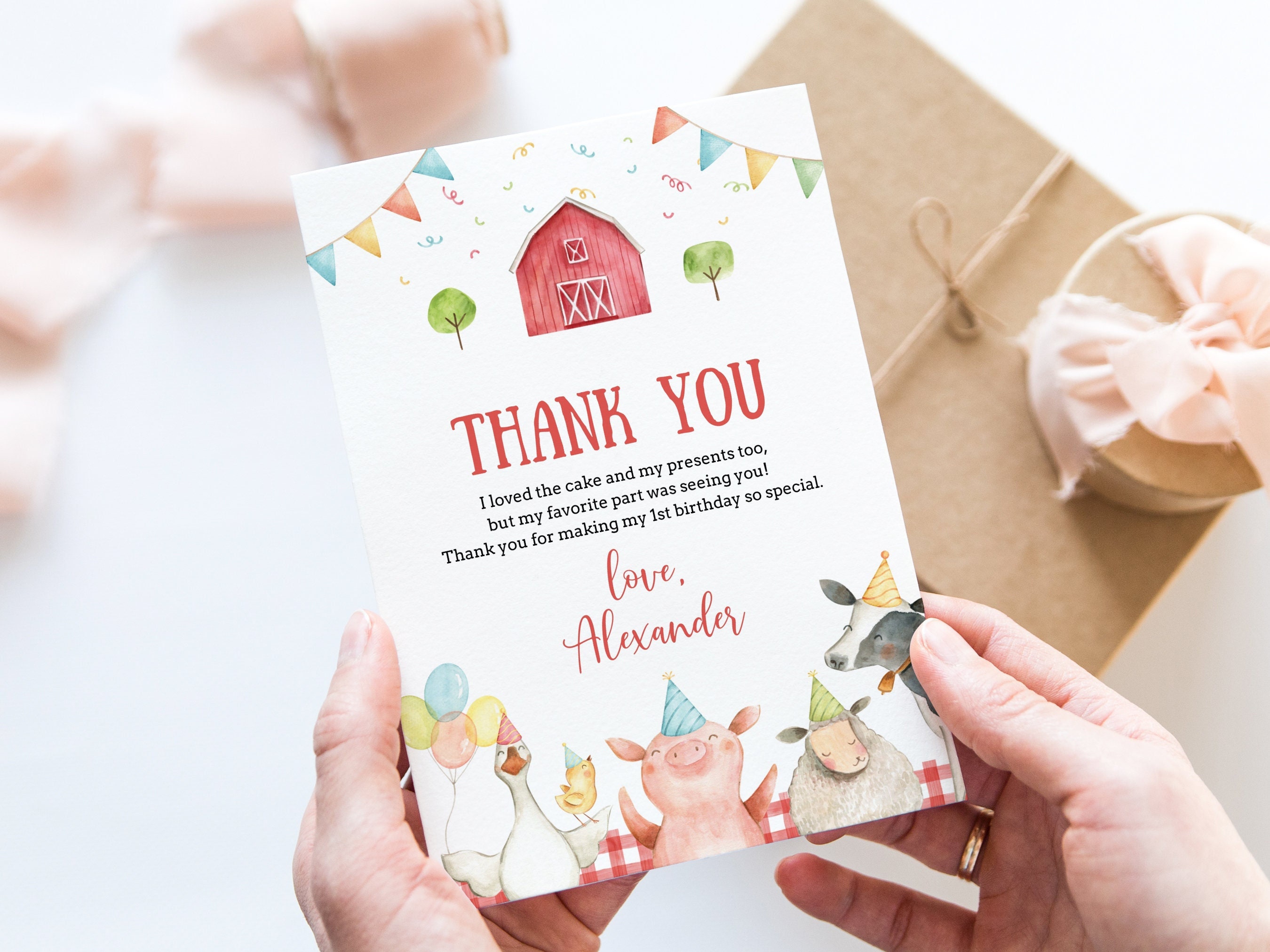 Editable Farm Animals Thank You Card Barnyard Red Gingham Boy - Etsy