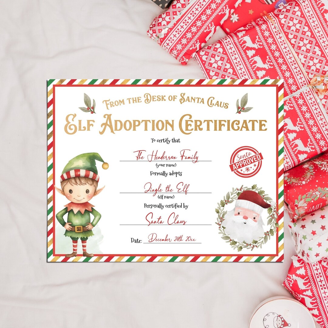Elf Adoption Certificate Printable Adopt an Elf Certificate Editable ...