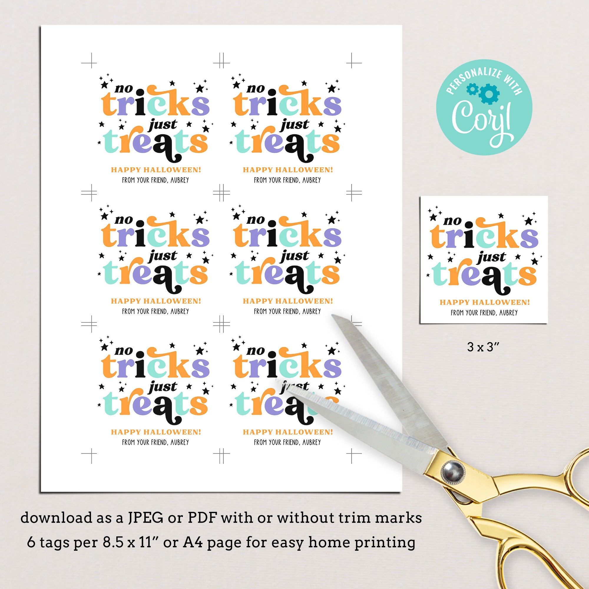 Printable No Tricks Just Treats Tag Happy Halloween Treat Party Bag Tag ...