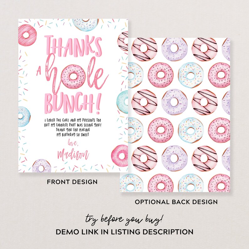 Donut Thank You Card Template, Printable Thanks a Hole Bunch Birthday ...