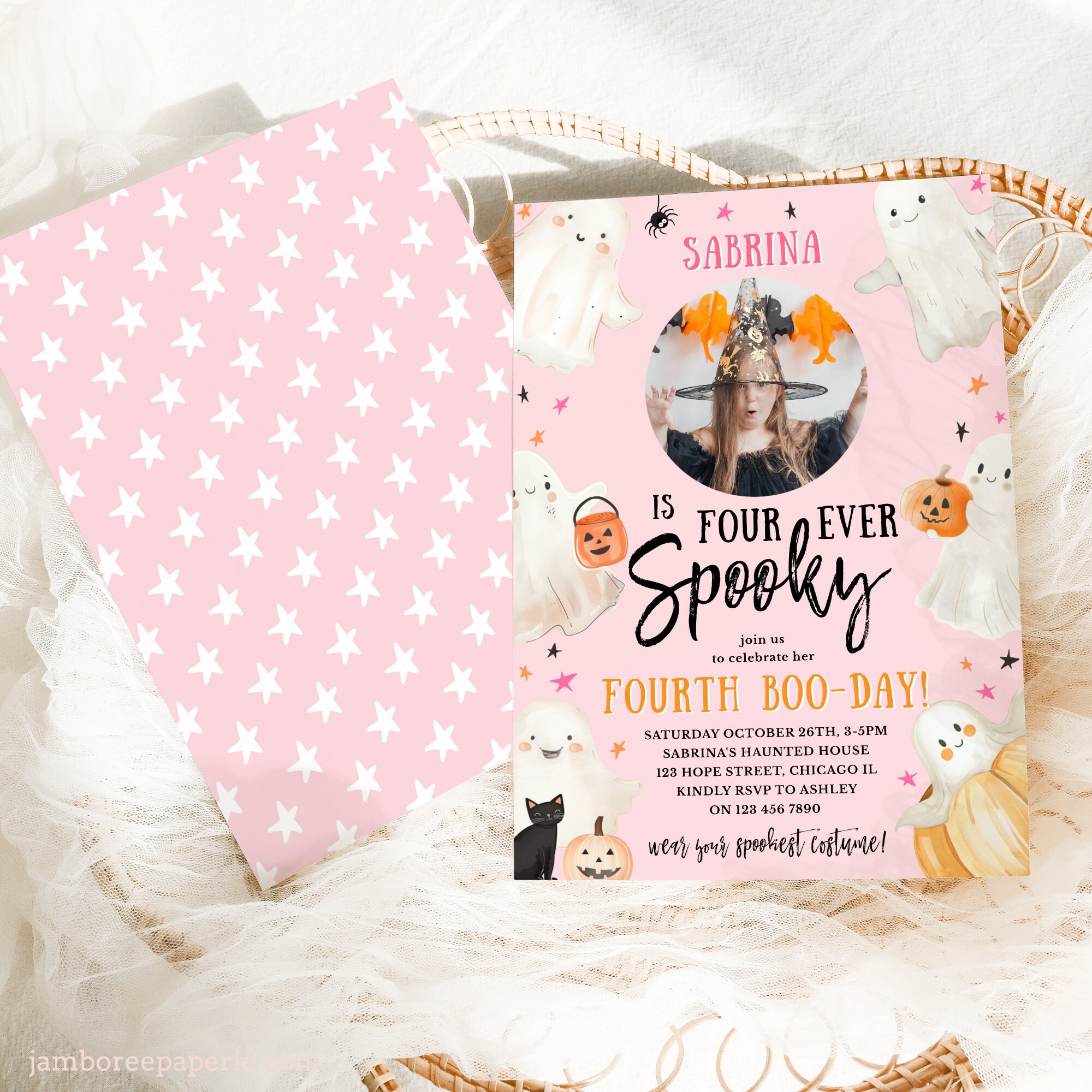 Four Every Spooky 4th Birthday Photo Invitation Editable Girl Pink ...