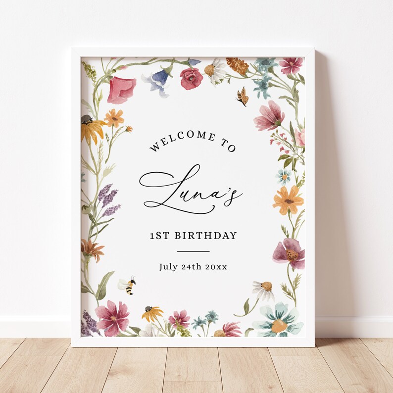 Wildflower Birthday Welcome Sign Template, Printable Floral Girl 1st ...
