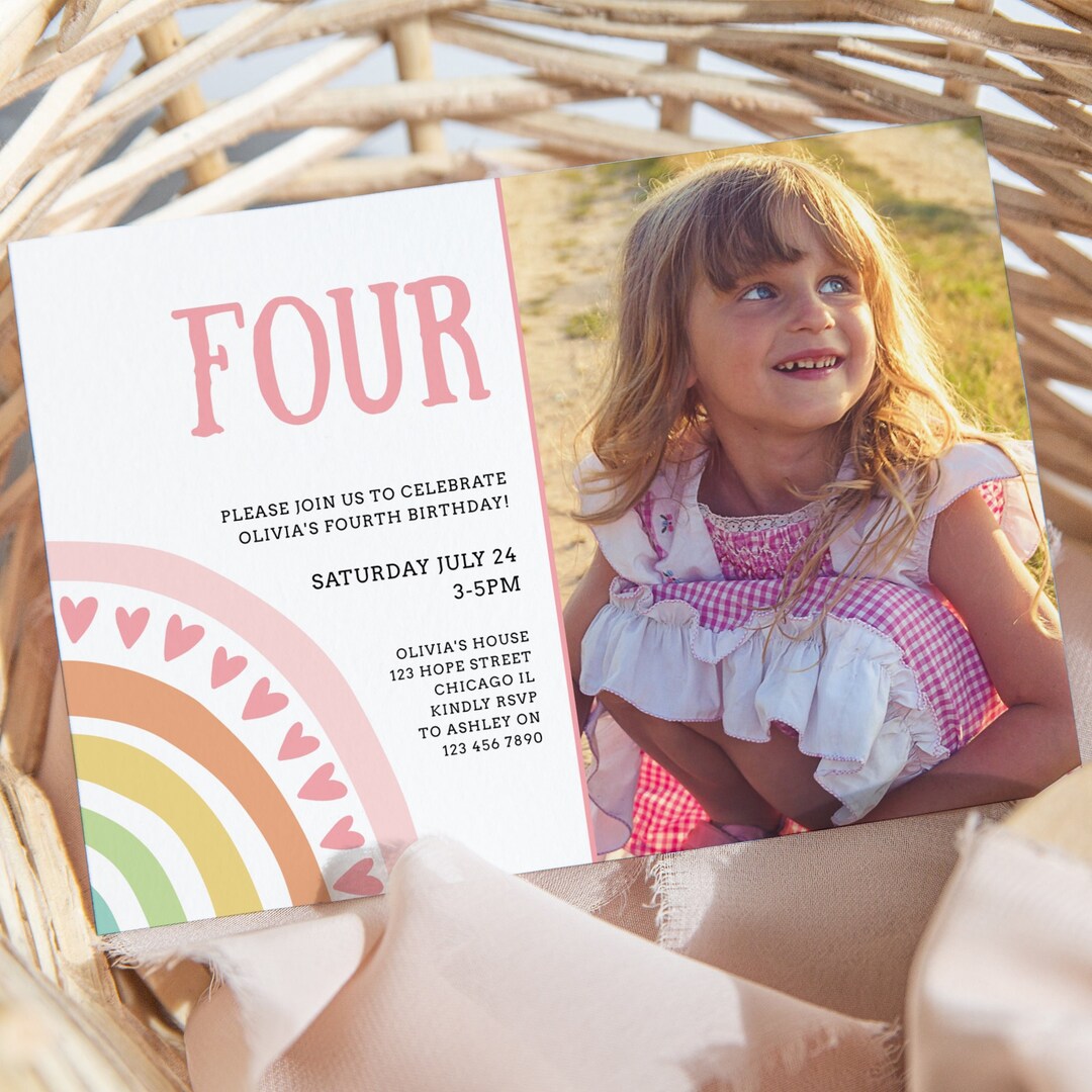 Modern Rainbow Fourth Birthday Photo Invitation Template Printable Boho ...