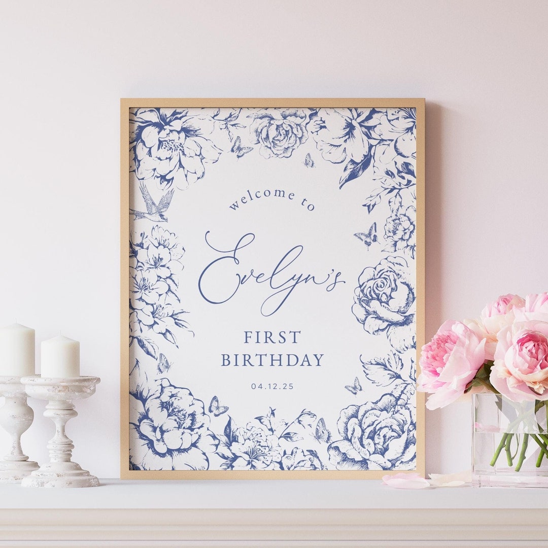 Dusty Blue Toile De Jouy 1st Birthday Party Welcome Sign Template ...