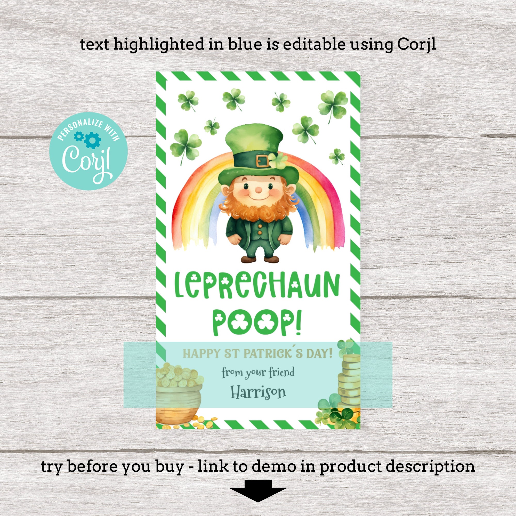 Leprechaun Poop Gift Tag Printable Editable St Patricks Day Favor Tag ...