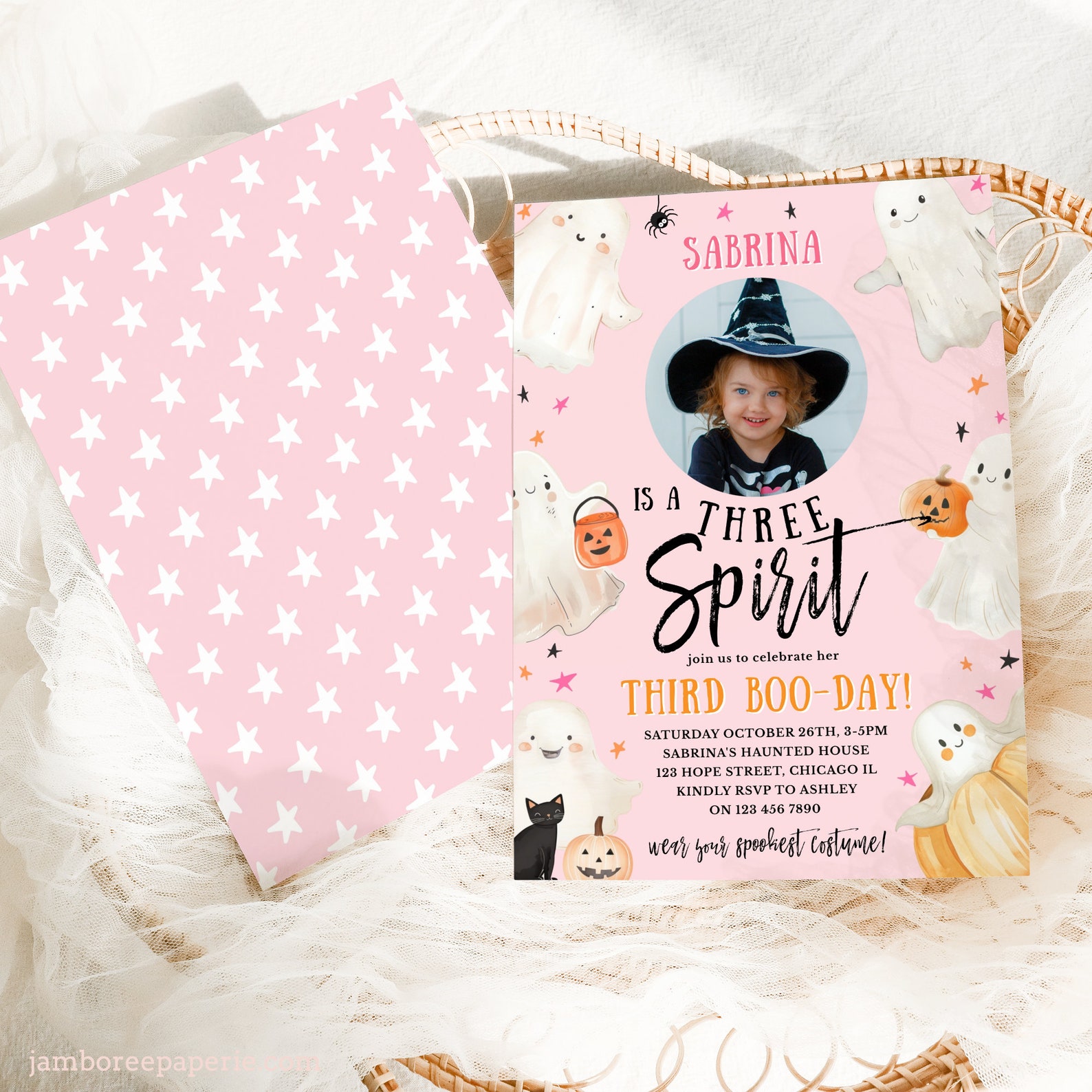 Three Spirit Halloween Third Birthday Photo Invitation Editable Pink ...
