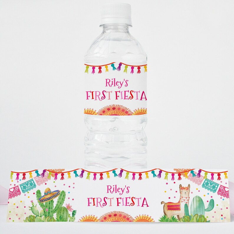 Fiesta Water Bottle Labels, Printable First Fiesta Mexican Llama Cactus ...