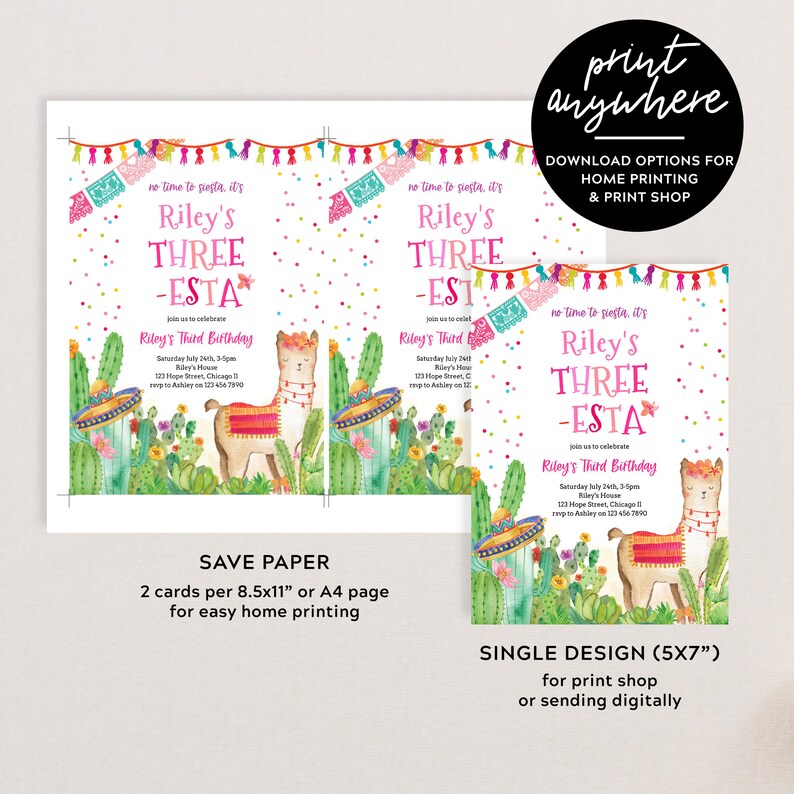 Editable Three Esta 3rd Birthday Invitation Template Printable Fiesta ...