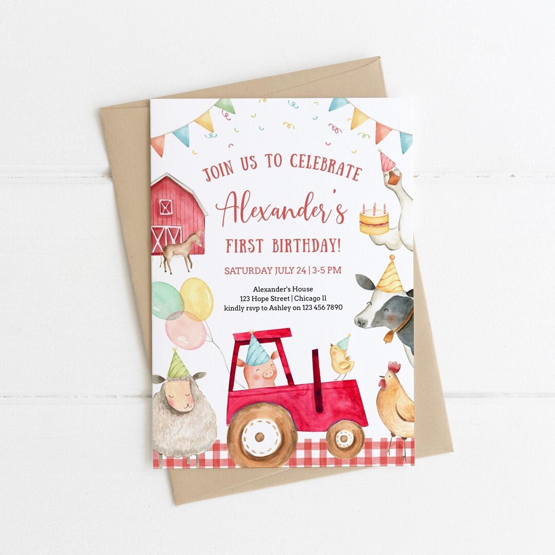 Red Barnyard Farm Animals 1st Birthday Party Printable Invitation, Cute ...