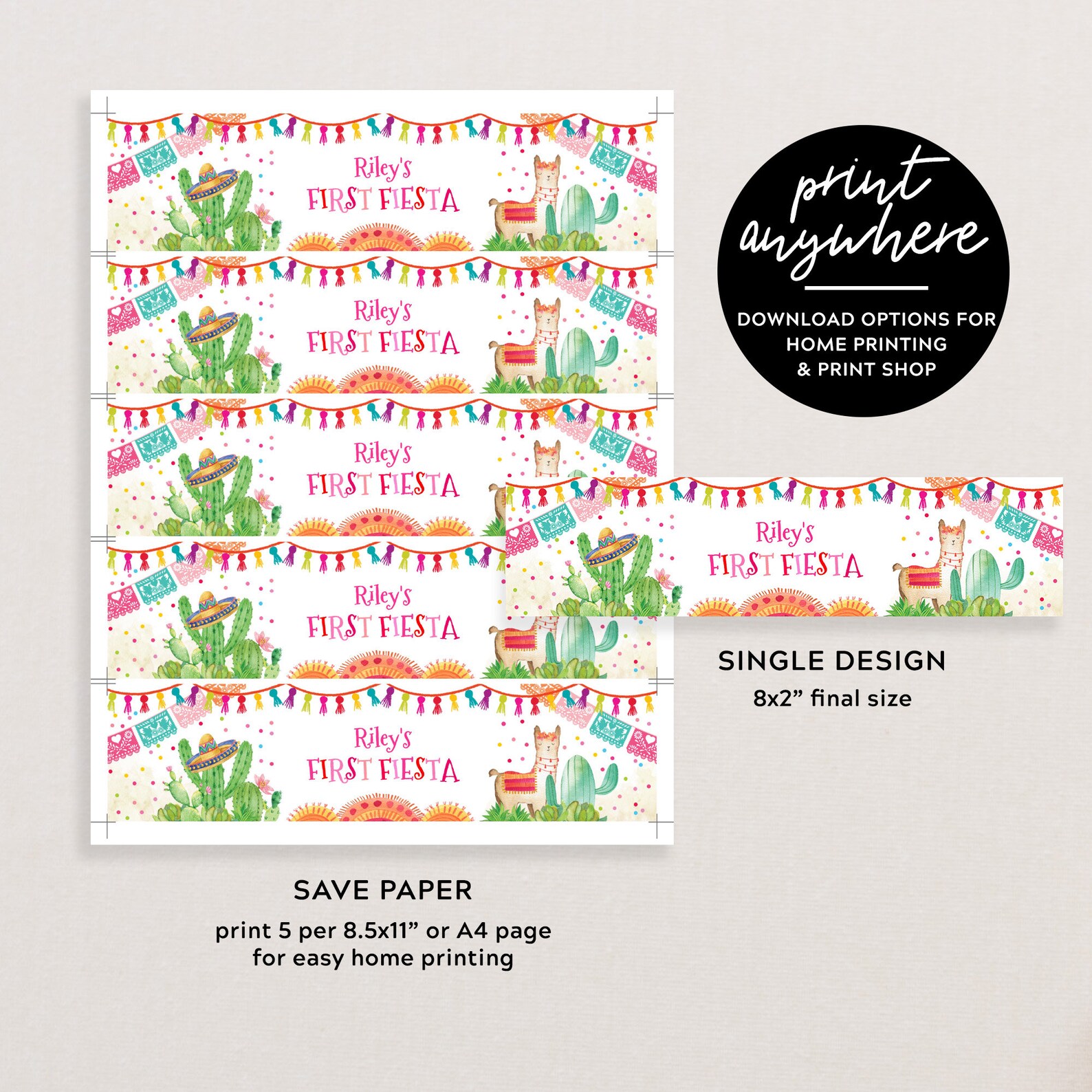 Fiesta Water Bottle Labels, Printable First Fiesta Mexican Llama Cactus ...