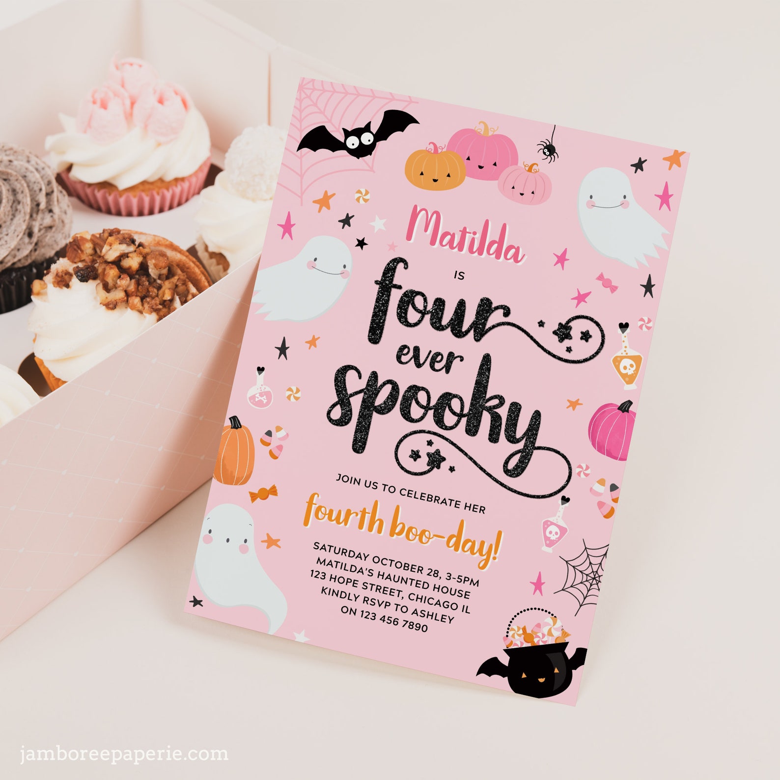 Four Ever Spooky Halloween 4th Birthday Invitation Cute Spooky Ghost ...