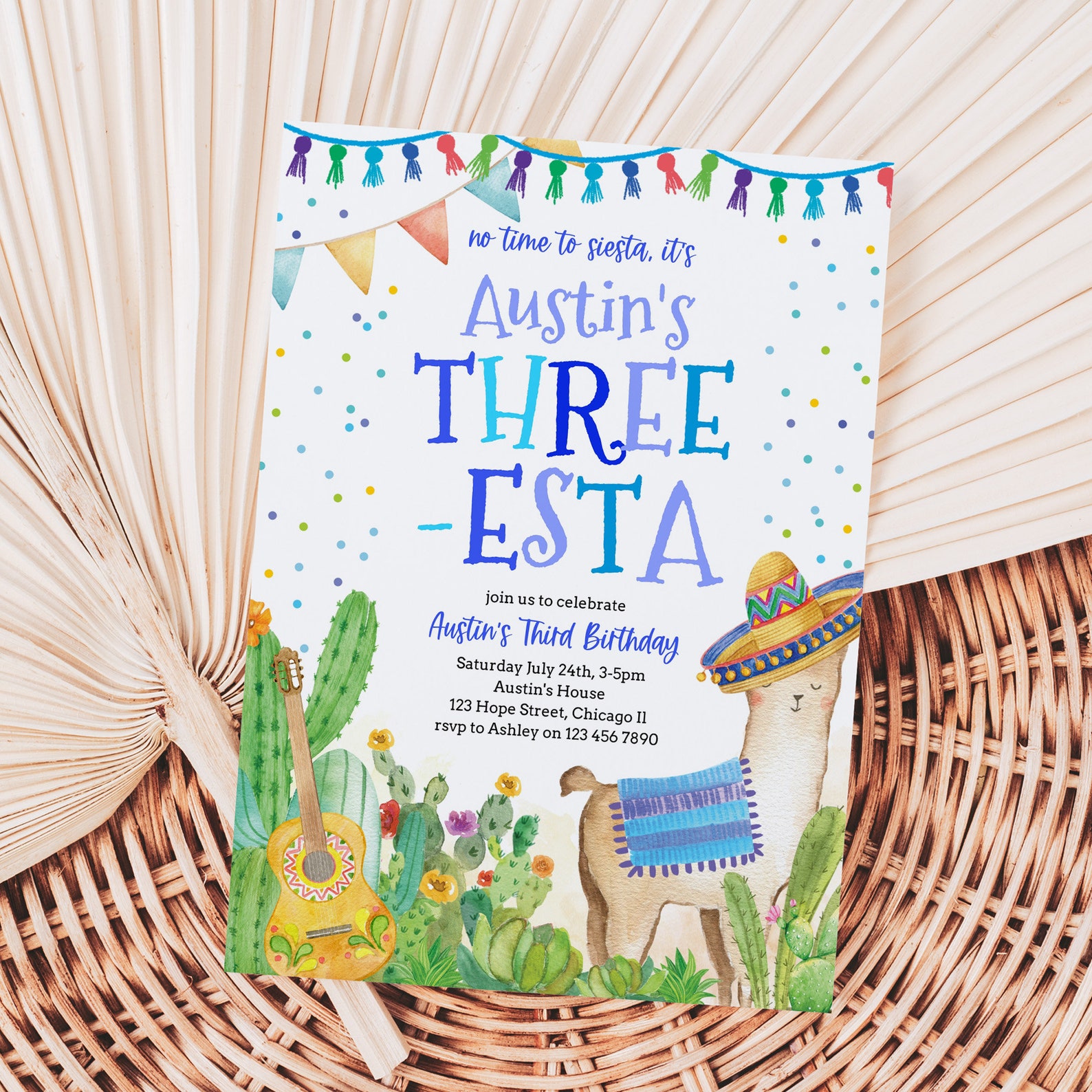 Three Esta Third Birthday Party Blue Invitation Template, Printable ...