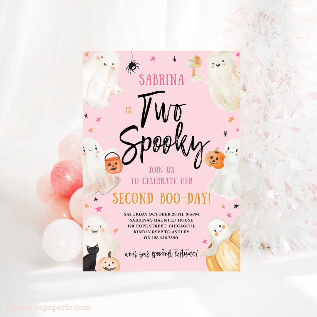 Two Spooky 2nd Birthday Invitation Printable Pink Halloween Second ...