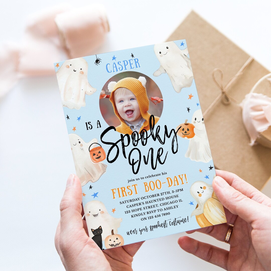 Spooky One 1st Birthday Photo Invitation Editable Blue Halloween ...