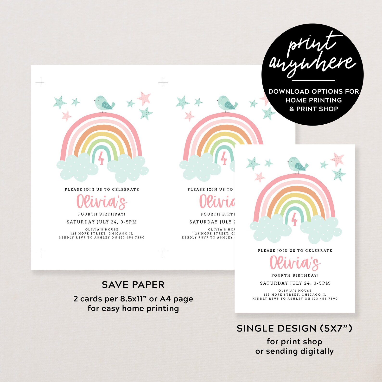 Editable Rainbow Fourth Birthday Invitation Template Printable - Etsy