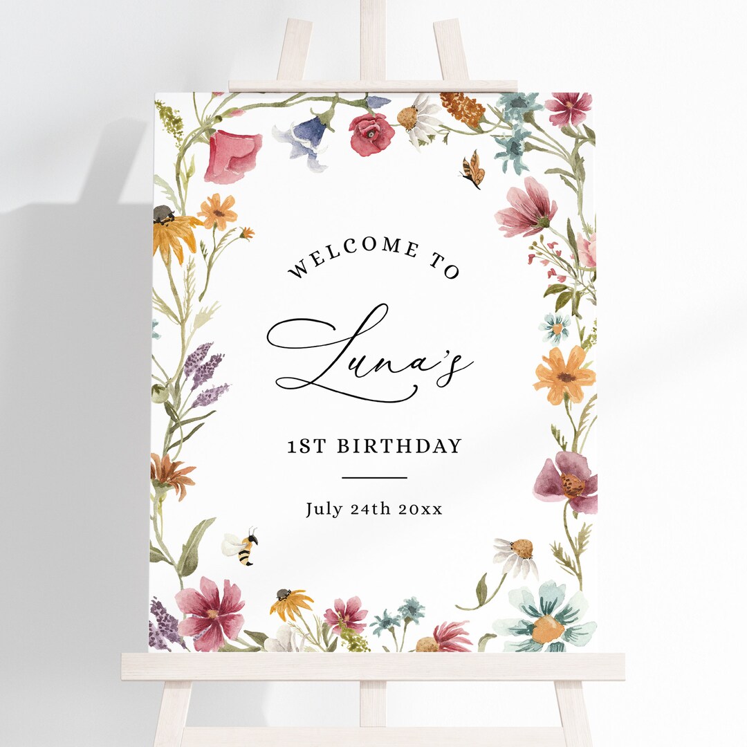 Wildflower Birthday Welcome Sign Template, Printable Floral Girl 1st ...