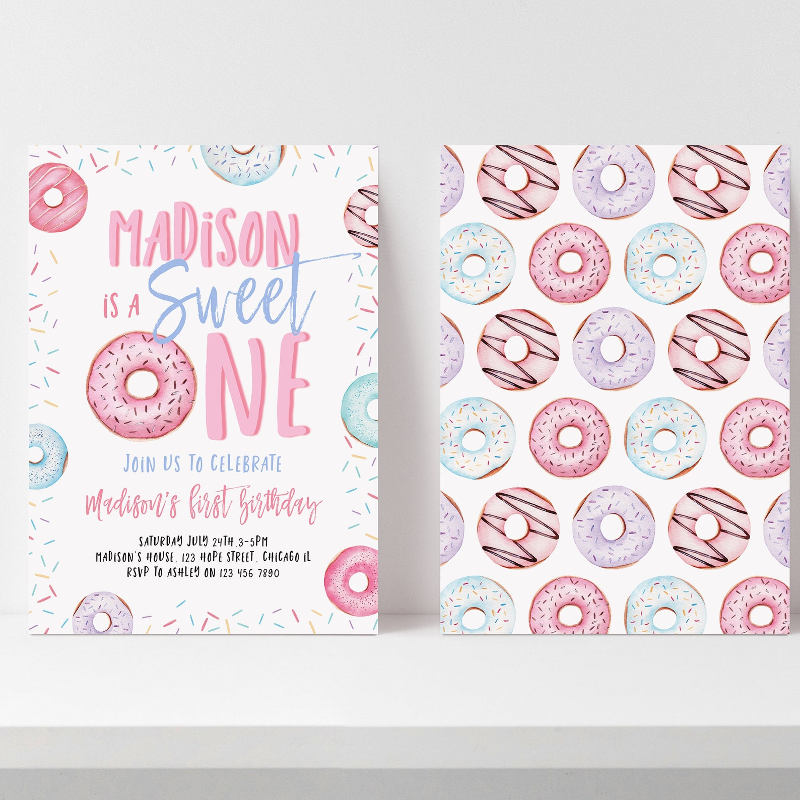 Donut 1st Birthday Party Invitation Template, Printable Sweet One Baby ...