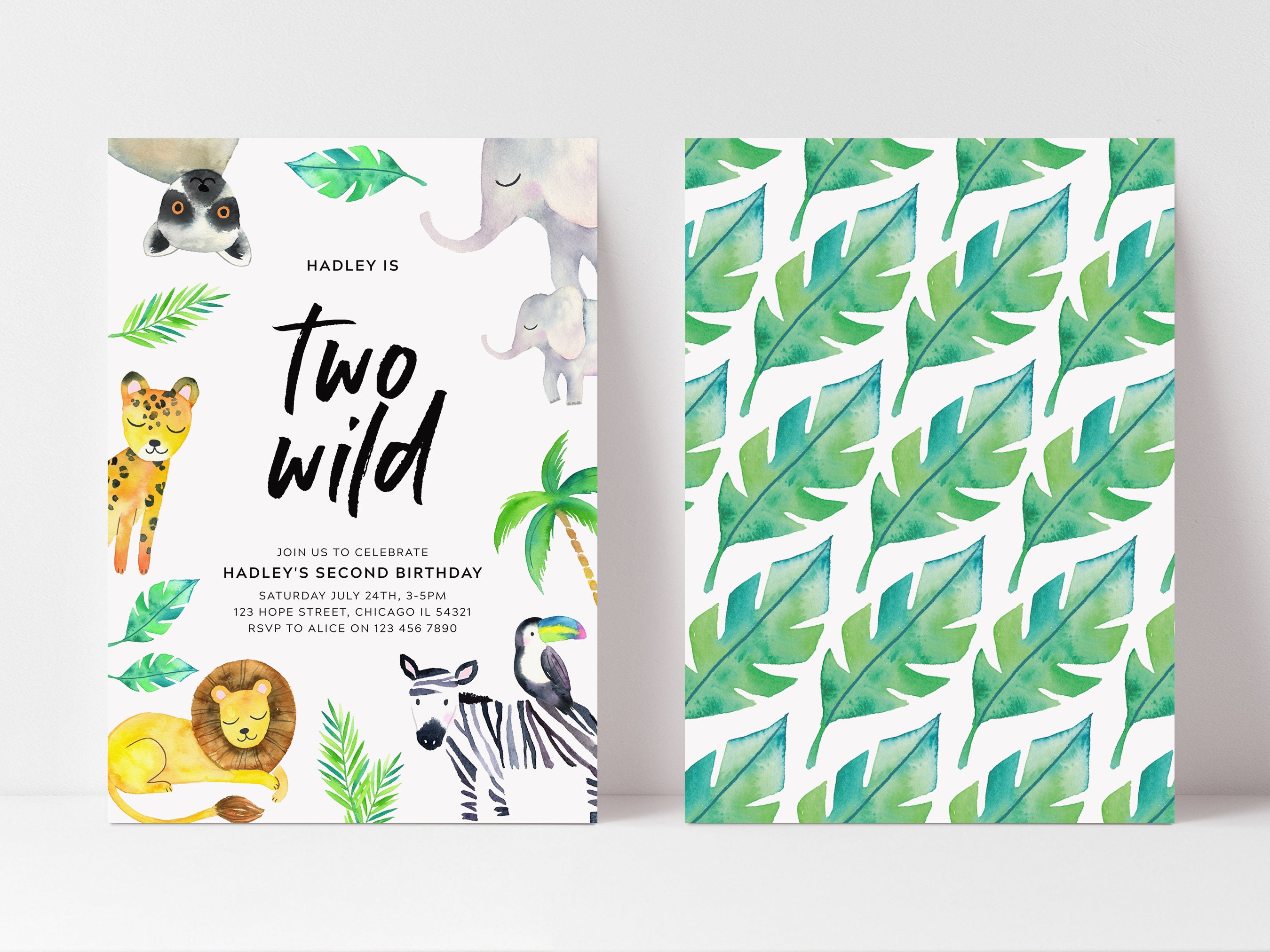 Two Wild Invitation Template, Printable Watercolor Safari Animals ...