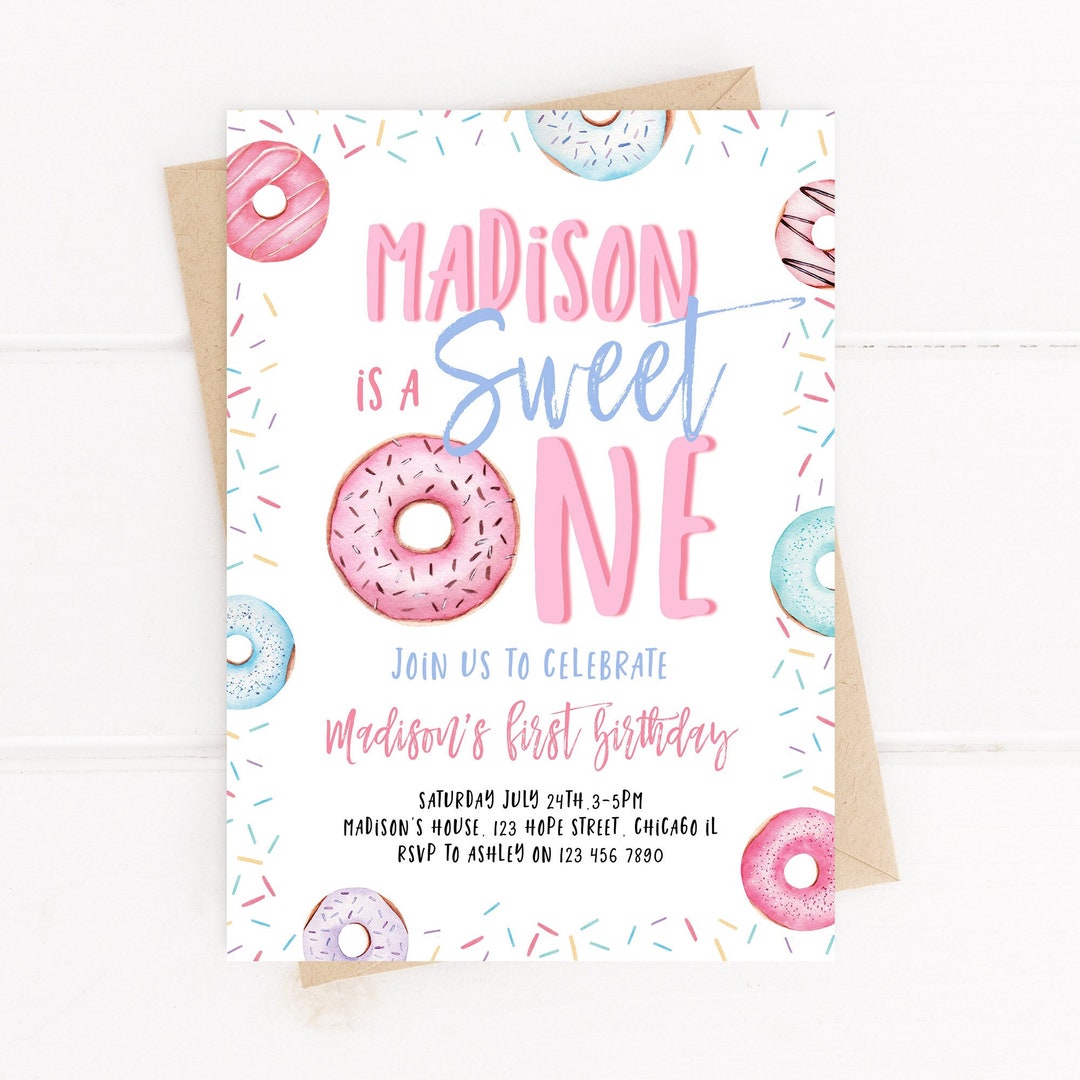 Donut 1st Birthday Party Invitation Template, Printable Sweet One Baby ...
