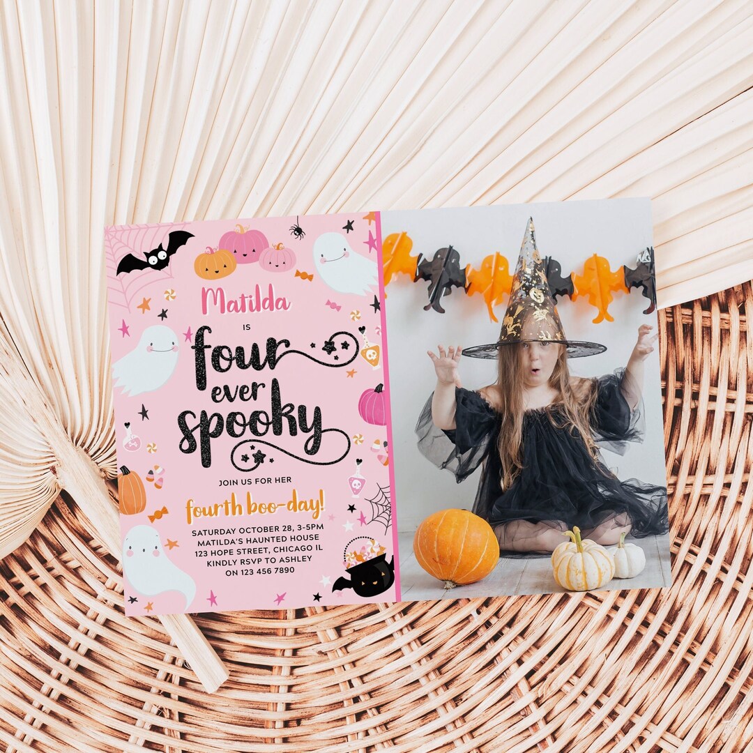 Four Ever Spooky Pink Halloween 4th Birthday Party Photo Invitation ...