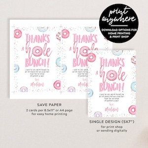 Donut Thank You Card Template, Printable Thanks a Hole Bunch Birthday ...