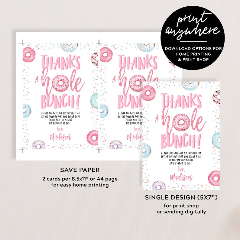 Donut Thank You Card Template, Printable Thanks a Hole Bunch Birthday ...