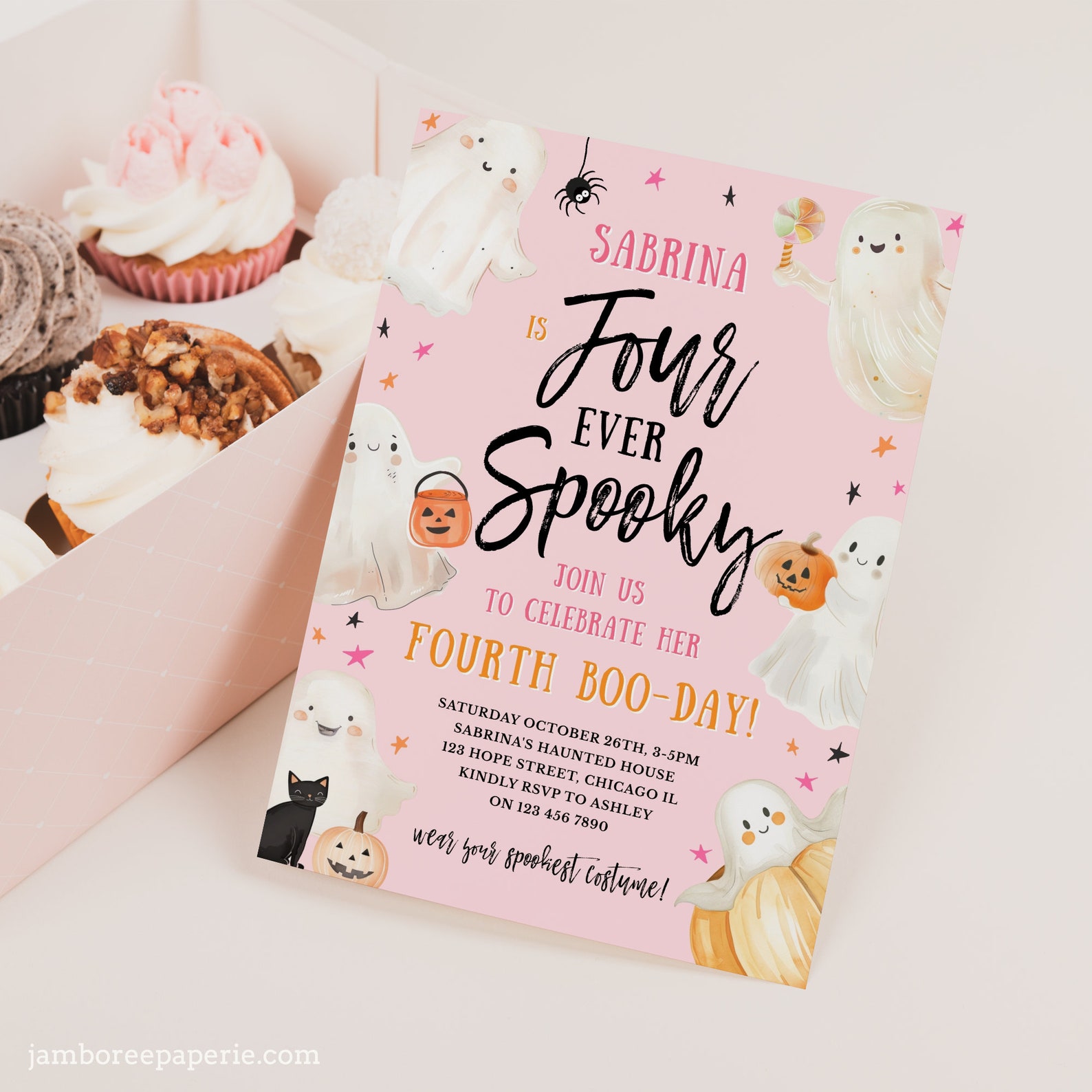Four Ever Spooky Invite Fourth Birthday Halloween Invite Cute Pink ...
