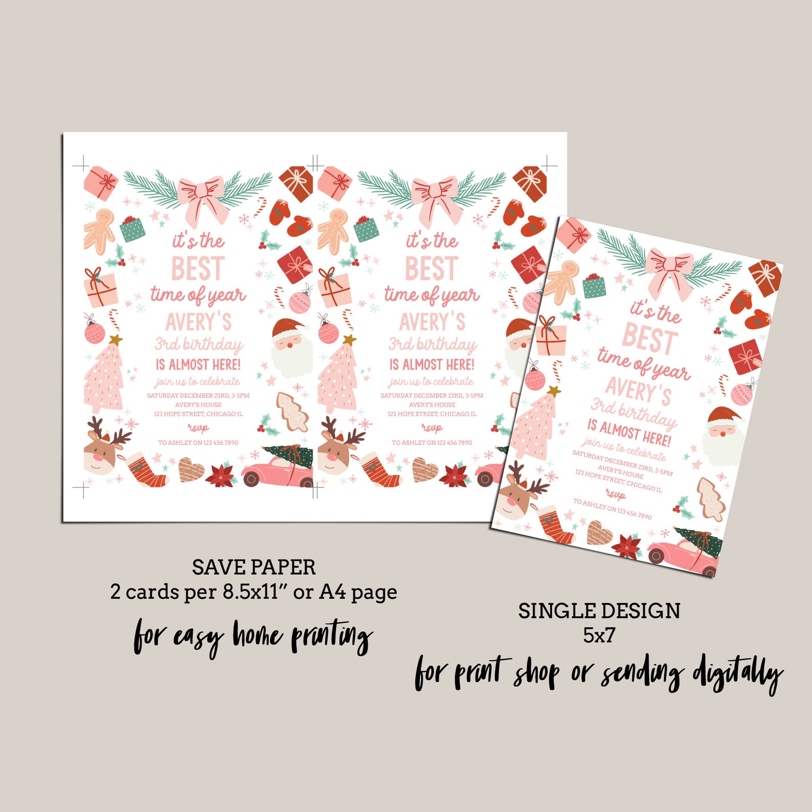 Pink Christmas Birthday Party Invite Printable Girl Winter Holiday ...