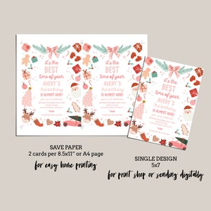 Pink Christmas Birthday Party Invite Printable Girl Winter Holiday ...