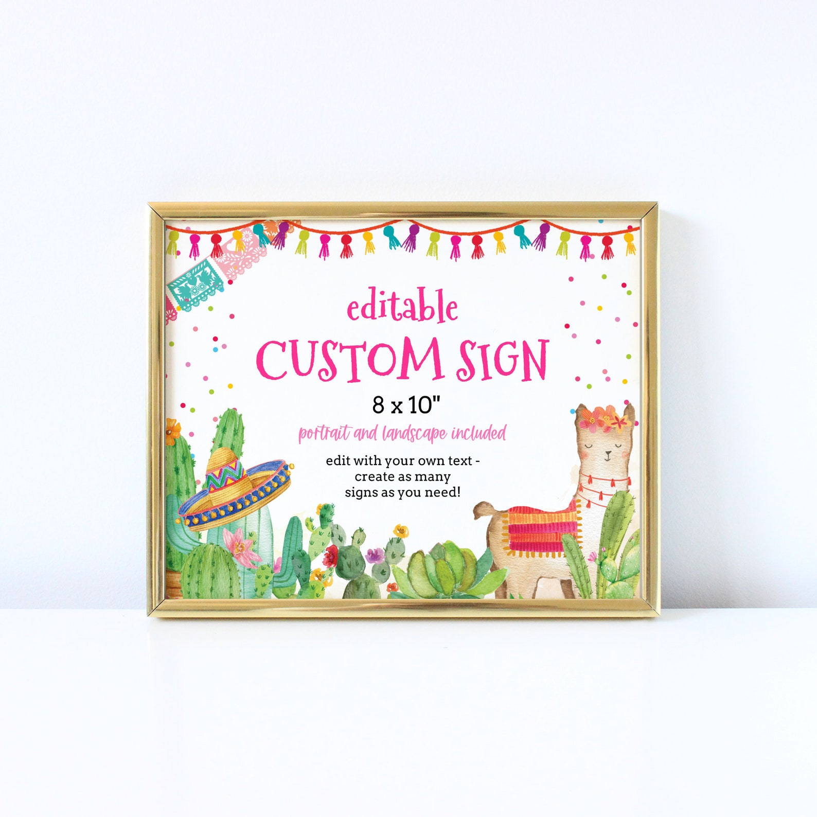 Editable Custom Sign First Fiesta Birthday Party Signage Cactus Llama ...
