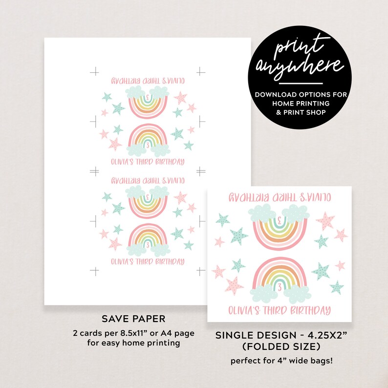 Editable Rainbow Treat Bag Toppers Template Printable Pink Girl Pastel ...