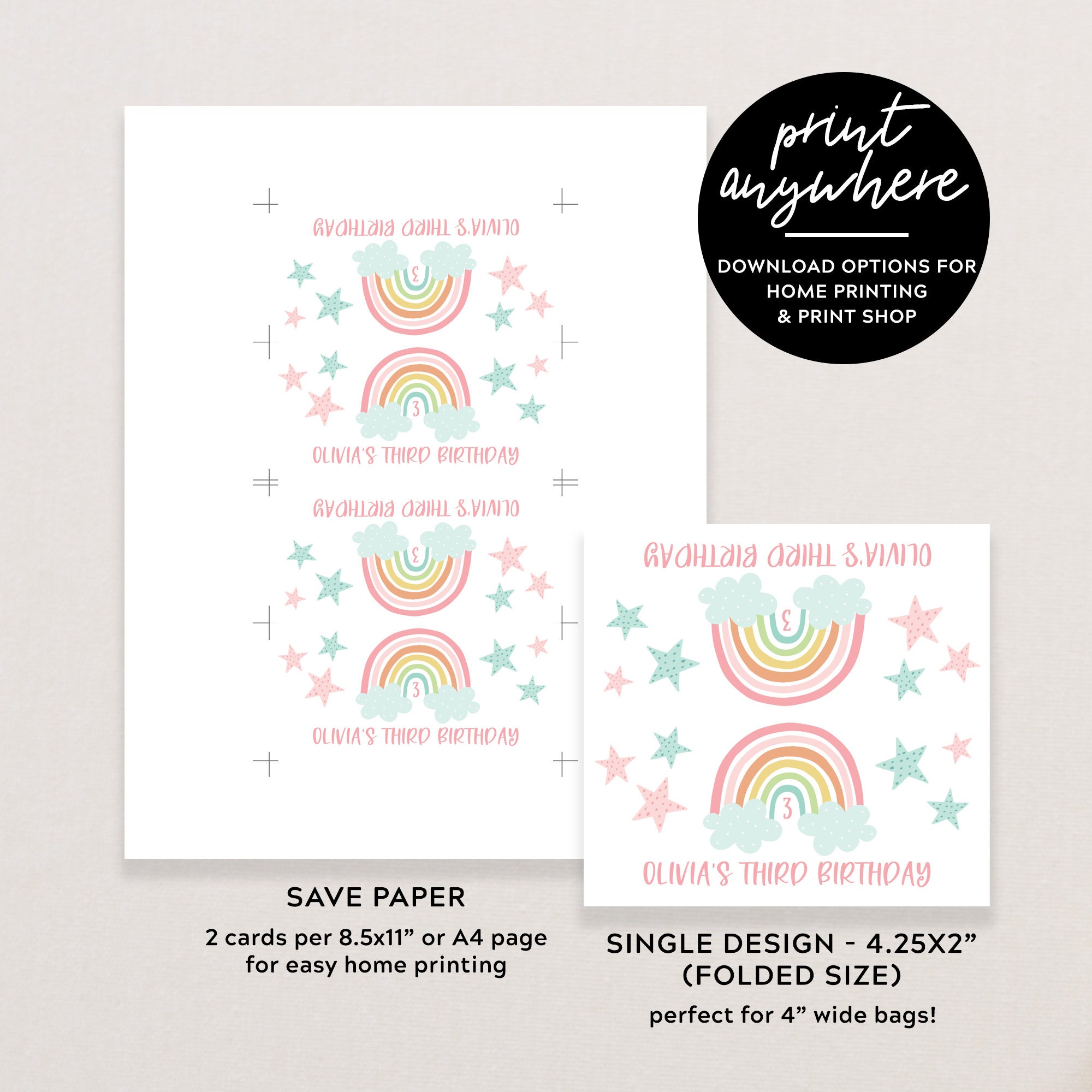 Editable Rainbow Treat Bag Toppers Template Printable Pink Girl Pastel ...